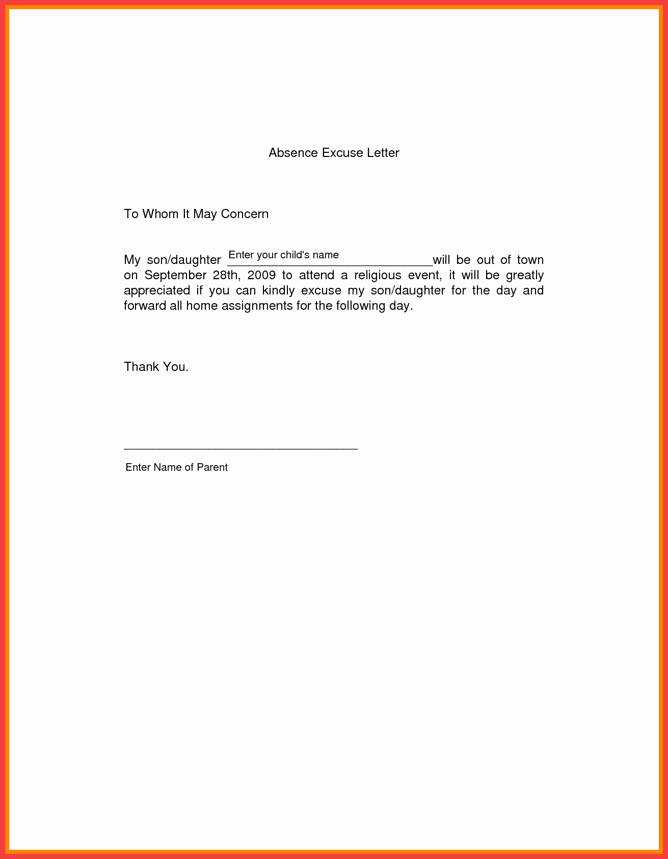 30 Excuse Note For School